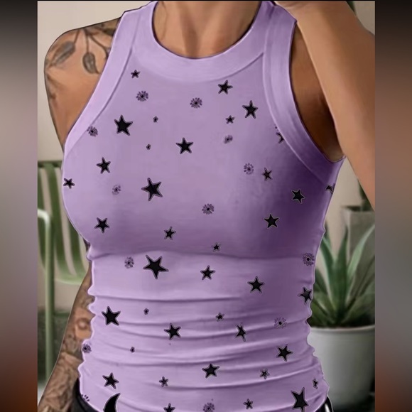 Tops | Star Print Tank Top Sleeveless Crew Neck Tank Top | Poshmark